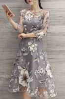 China fashion & charming round neck 3/4 sleeve floral print see-trough women's dress for sale