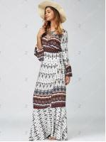 China Ethnic Print High Slit Bell Sleeve Wrap Dress Bohemian beach long woman dress for sale