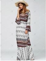 China Ethnic Print High Slit Bell Sleeve Wrap Dress Bohemian beach long woman dress for sale