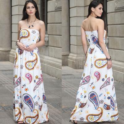 China European-style fashion strapless printed long billowing skirt maxi sexy dress for sale