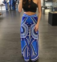 China breathable loose cotton printed long blue trouser with elastic waist for sale