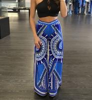 China breathable loose cotton printed long blue trouser with elastic waist for sale