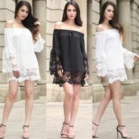China sexy flounce off shoulder lace trim chiffon ladies' black and white  tops wholesale women blouse with elastic band for sale