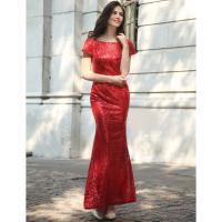 China hot sale polyester short sleeve long women Bodycon evening beaded dress with gold sequin in red blue purple gray beige for sale