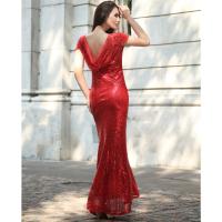 China hot sale polyester short sleeve long women Bodycon evening beaded dress with gold sequin in red blue purple gray beige for sale