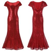 China hot sale polyester short sleeve long women Bodycon evening beaded dress with gold sequin in red blue purple gray beige for sale