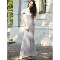 China hot sale polyester short sleeve long women Bodycon evening beaded dress with gold sequin in red blue purple gray beige for sale