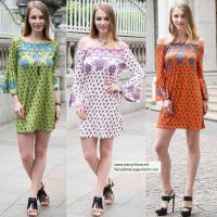 China sexy printed flower short dress for women in long flounce sleeve with off the shoulder for sale