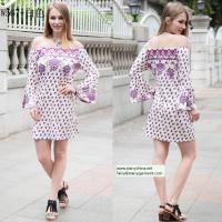 China sexy printed flower short dress for women in long flounce sleeve with off the shoulder for sale