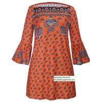 China sexy printed flower short dress for women in long flounce sleeve with off the shoulder for sale