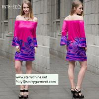China plus size rose  printed ladies' short dress with off-shoulder bold color for women for sale