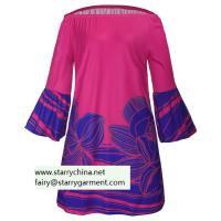 China plus size rose  printed ladies' short dress with off-shoulder bold color for women for sale