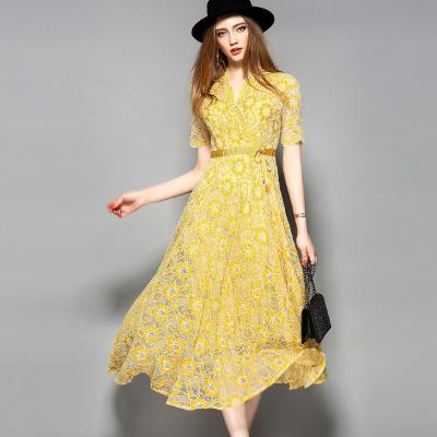China yellow hot sale women lace-up polyester lace dress for sale