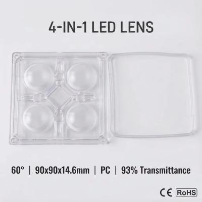 China 90x90mm LED High Bay Lens 4 LED 5050 SMD 10W 60 Degree Beam Angle PC Material for sale