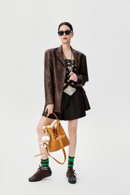 China Autumn Style Tie Dye PU Leather Jacket , Dark Brown High Waisted Leather Shorts for sale