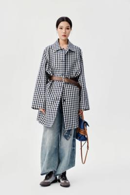 China Retro Blue And White Checkered Waist Windbreaker With Niche Design Sense , Mid Length Silhouette , Shirt Style Jacket for sale