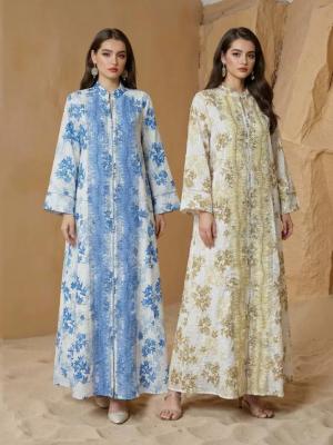 China SMT186   Middle Eastern Modest Wear Blue & Gold Floral Textured Zip-Up Maxi Robe for sale
