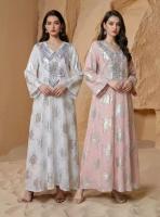 China SMT182 Middle Eastern Modest Wear Silver Foil Floral Embellished V-Neck Maxi Robe for sale