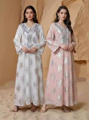 China SMT182 Middle Eastern Modest Wear Silver Foil Floral Embellished V-Neck Maxi Robe for sale
