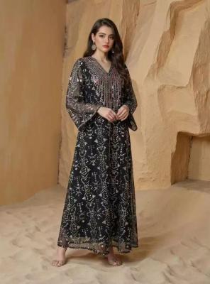China SMT131 Middle Eastern Modest Wear Night Totem Geometric Foil Print Embellished Maxi Robe for sale