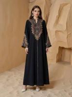 China SMT080 Middle Eastern Modest Wear Maxi Abaya with Black & Gold Embellished Neckline in Sizes M-XXL for sale