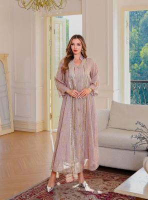 China SMT050  Middle Eastern Modest Wear Blush Pink Jacquard Gold Embellished Maxi Robe for sale