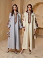 China SMT075 Middle Eastern Modest Wear Ethnic Embroidered V-Neck Maxi Abaya for sale