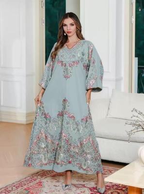 China SMT148  Middle Eastern Modest Wear Misty Blue Floral Print V-Neck Maxi Robe for sale
