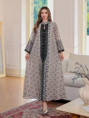 China SMT129   Middle Eastern Modest Wear Black Vein Embroidered Stand Collar Abaya for sale