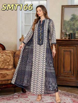 China Middle Eastern Modest Wear SMT166/SMT150/SMT152  Blue Leaf Totem Embroidered/Autumn Leaf Metallic Print/Leopard Print Beaded V-Neck   Abaya for sale