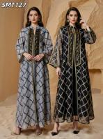 China Middle Eastern Modest Wear SMT127/SMT155 Gold Trim Geometric Print Abaya/Shimmering Sheer Robe & Dress Set for sale