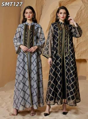 China Middle Eastern Modest Wear SMT127/SMT155 Gold Trim Geometric Print Abaya/Shimmering Sheer Robe & Dress Set for sale