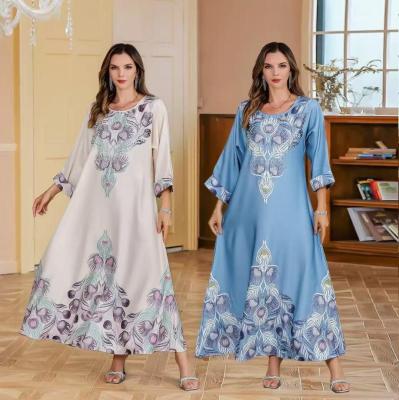 China SMT212 Middle Eastern Modest Wear Feather Leaf Print Crew Neck Maxi Abaya for sale