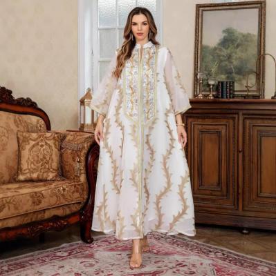 China SMT094 Middle Eastern Modest Wear Gold Leaf Embroidered Stand Collar Abaya for sale