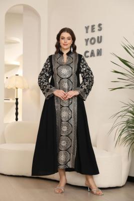 China MT397  Middle Eastern Modest Wear Black & Silver Medallion Embroidered Abaya for sale