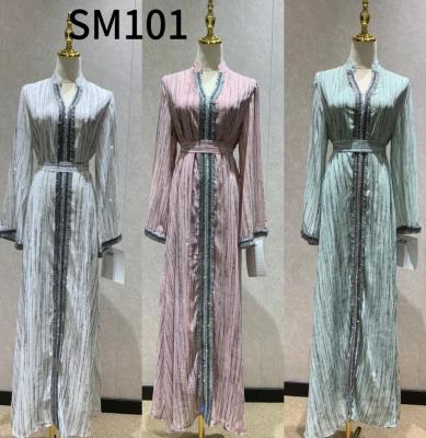 China Middle Eastern Modest Wear MT392(SM101)  Shimmer Stripe Waist-Tie Maxi Abaya for sale