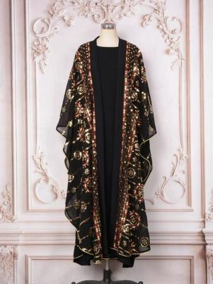 China MT403 Middle Eastern Modest Wear Black & Gold Sequin Embellished Kimono Abaya Set for sale