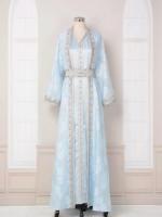 China MT073  Middle Eastern Modest Wear Sky Blue Floral Embroidered Button-Front Abaya for sale