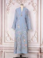 China MT484 Middle Eastern Modest Wear Dusty Blue Floral Sequin Embroidered Abaya for sale
