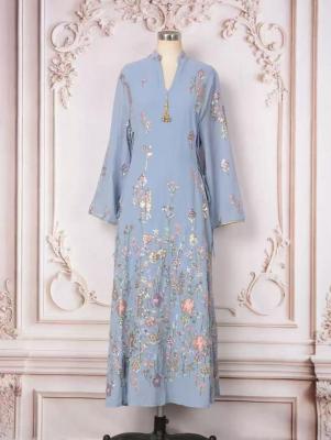China MT484 Middle Eastern Modest Wear Dusty Blue Floral Sequin Embroidered Abaya for sale