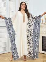 China MT530 Middle Eastern Modest Wear Cream Geometric Print Kaftan Abaya for sale