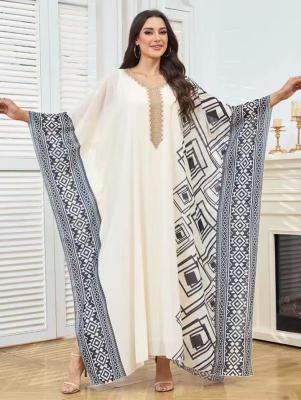 China MT530 Middle Eastern Modest Wear Cream Geometric Print Kaftan Abaya for sale