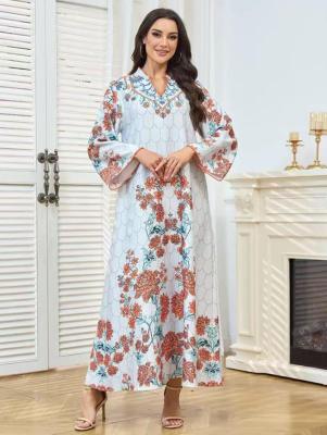 China MT536 Middle Eastern Modest Wear Sky Blue Floral & Honeycomb Print Bell-Sleeve Abaya for sale