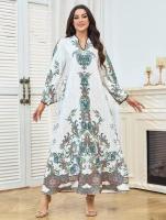 China MT533   Middle Eastern Modest Wear Bohemian Floral Totem V-Neck Abaya for sale