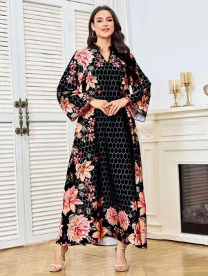 China MT514 Middle Eastern Modest Wear Black Honeycomb & Floral Print Abaya for sale