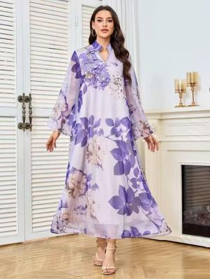 China MT502  Middle Eastern Modest Wear Lilac Floral Embroidered Chiffon Abaya for sale