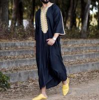China KM003 Middle Eastern Men's Gold Embroidered Thobe / Djellaba (Black With Gold Embroidery/Black with White Embroidery) for sale