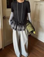 China Spring/Summer New Product: 20% Lyocell Fiber, 80% Polyester, Deep Grey And Light Grey Blended Folded Knitted Color Blocked Artificial Two Piece T-shirt for sale