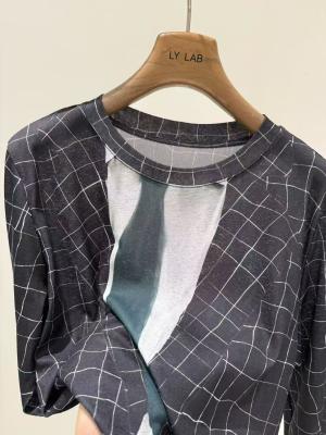 China Spring And Summer 95% Polyester Fiber 5% Spandex Dark Gray Patterned Printed Knitted T-shirt, Adopting Miu Inspired Aesthetics for sale