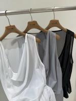 China Summer Fashion 95% Polyester 5% Spandex White Gray Black Asymmetrical Round Neck Pleated Vest for sale